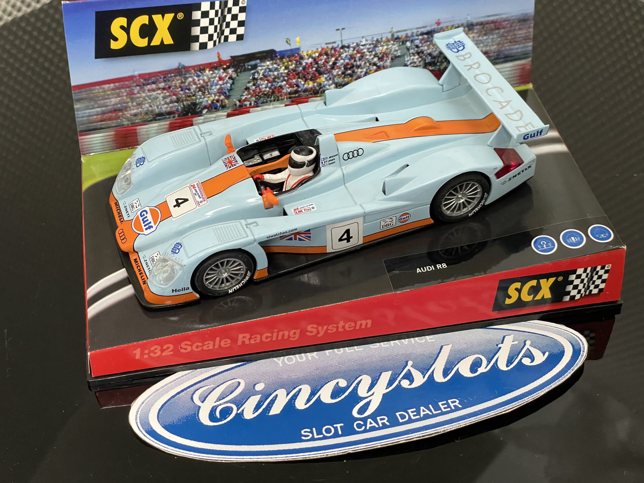 SCX 61000 Audi R8 GULF 1/32 Slot Car, Lightly Used.